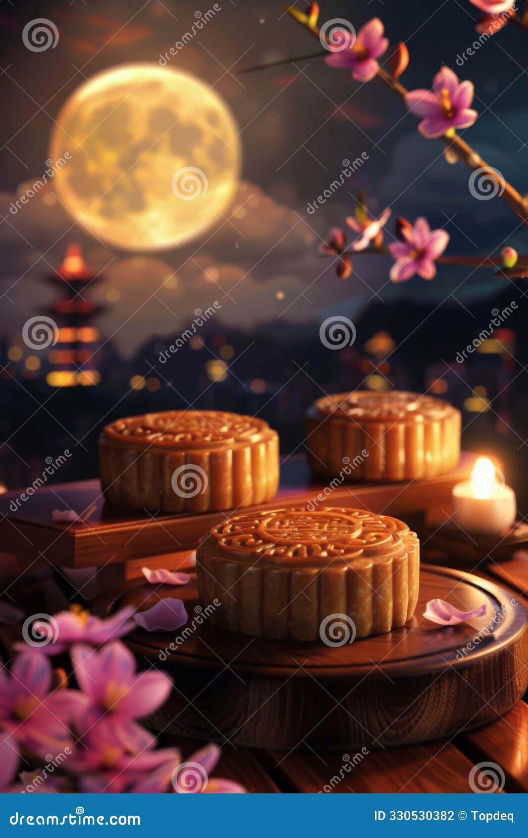 Mooncakes On Wooden Table With Full Moon In Background Stock Photo ...
