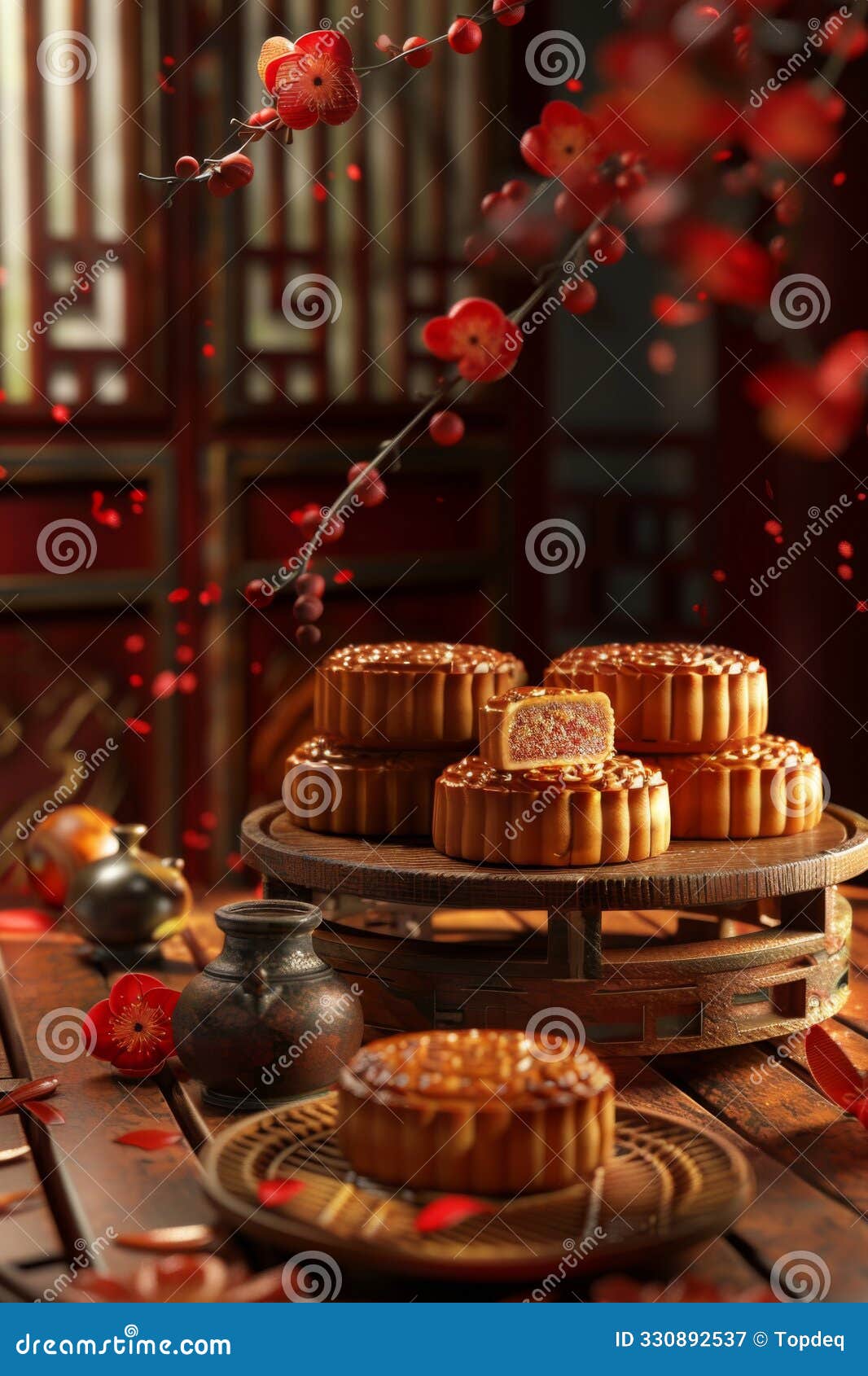 Mooncakes On Wooden Table With Full Moon In Background Stock Image ...