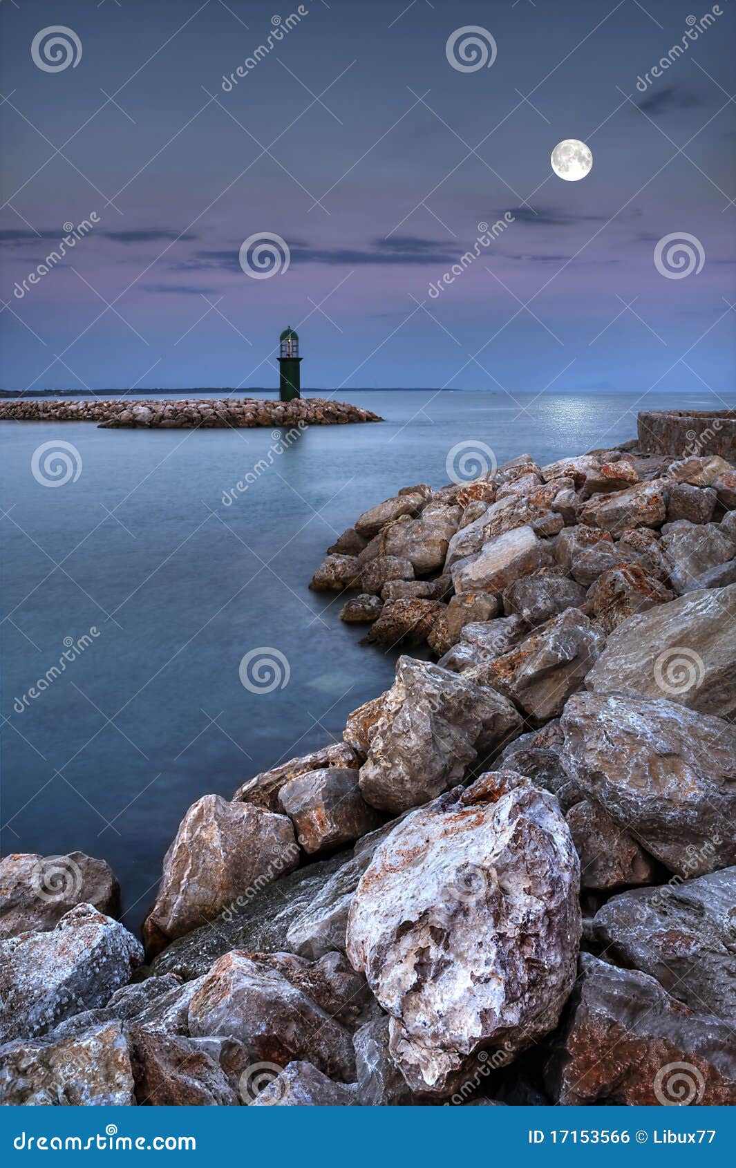 Moonlight Bay Moon Lighthouse Stock Photo - Image of relaxing, dusk ...