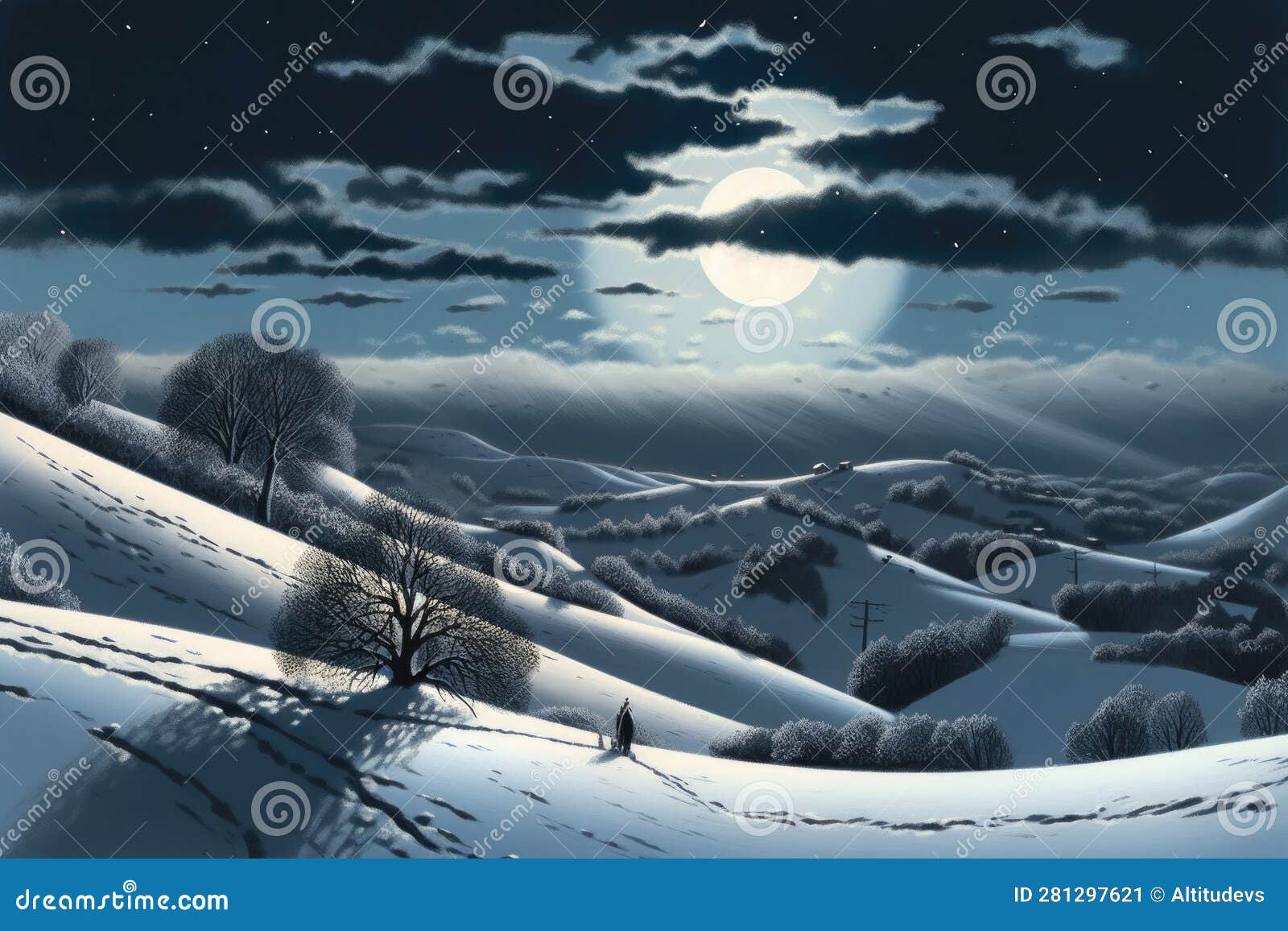 Moonlight Casting Long Shadows on Snow-covered Hills Stock Illustration ...