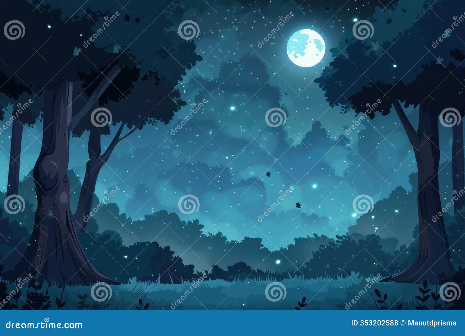 Moonlight Illuminating a Forest at Night with Fireflies Stock ...