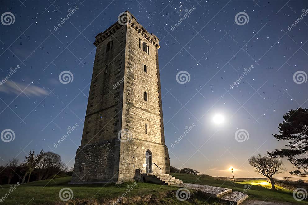 Moonlight Illuminating an Old Stone Tower Stock Illustration ...