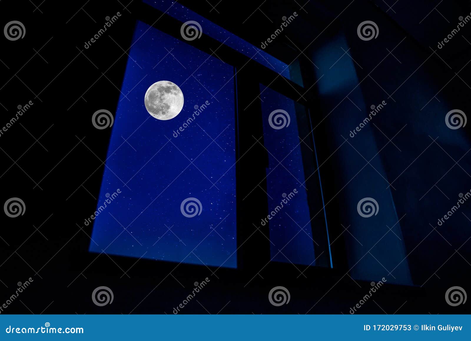 Moonlight Inside Dark Room. Night Scene of Moon Seen through the Window ...