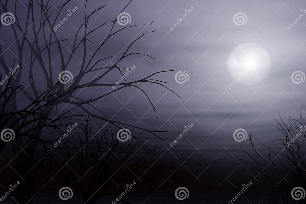 Moonlight Mist and Tree Background Stock Illustration - Illustration of ...