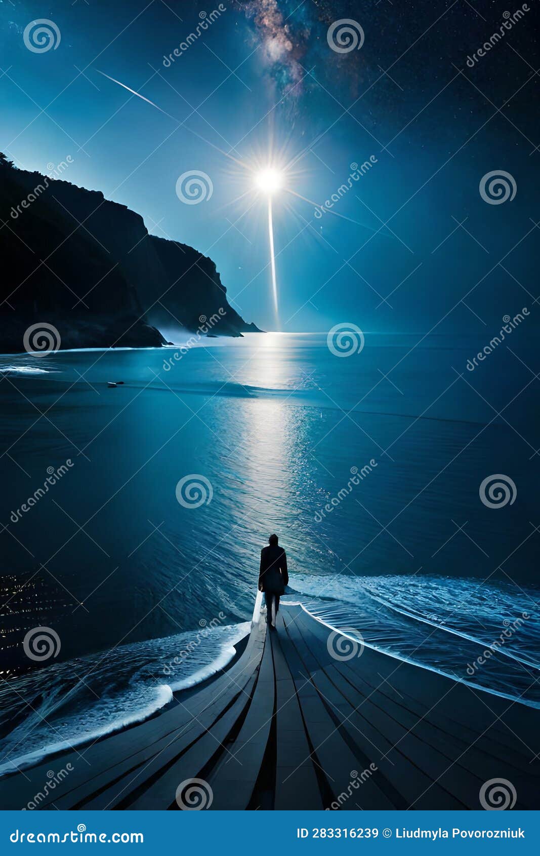 Moonlight in Ocean Landscape. Bright Full Moon Over the Sea Stock ...