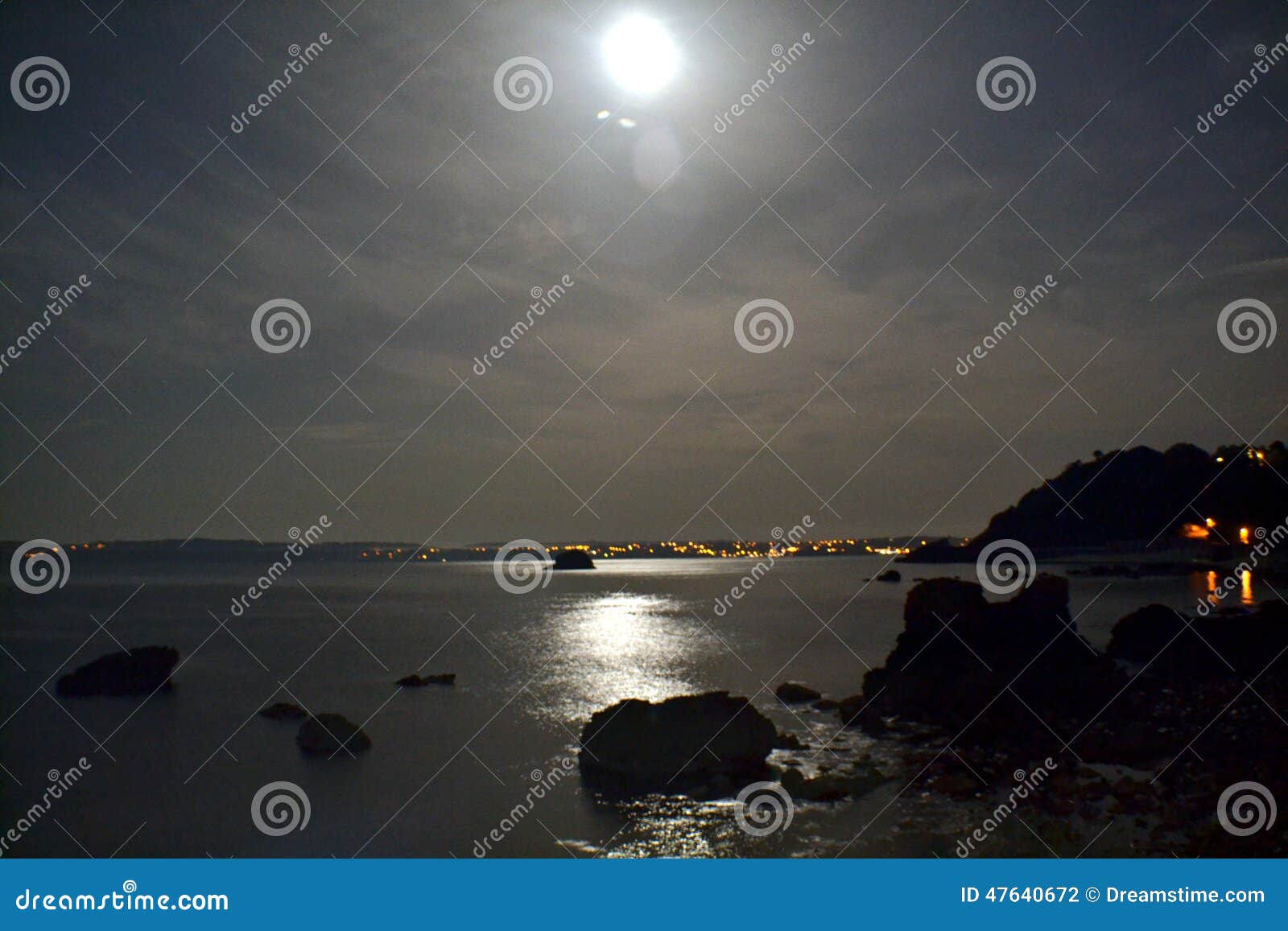 Moonlight Over Midnight Shore Stock Photo - Image of rocks, moonlight ...