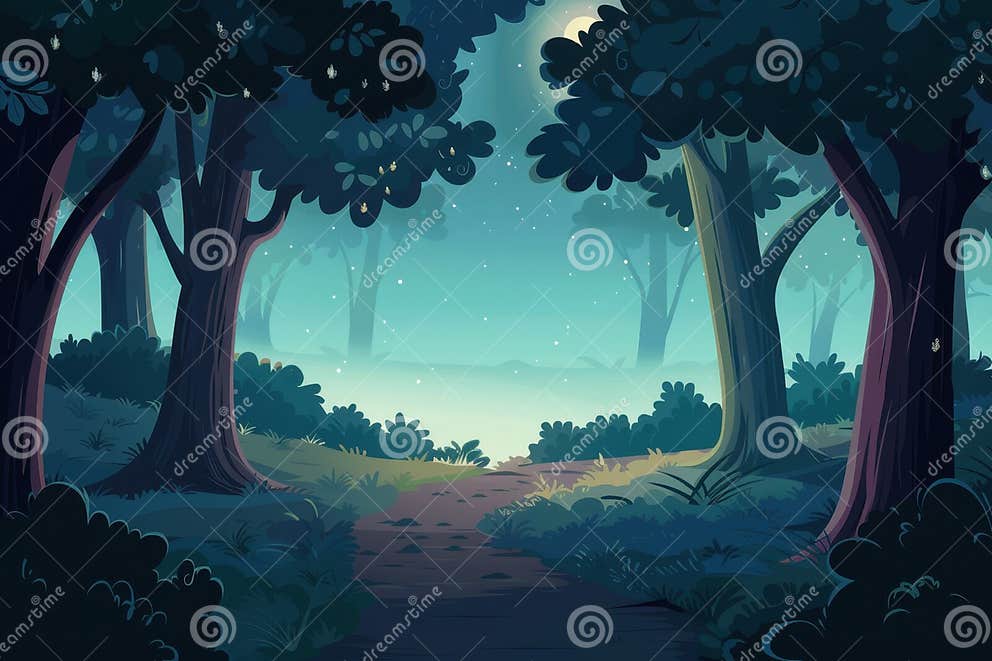 A Moonlight Path through a Dark Forest Stock Illustration ...
