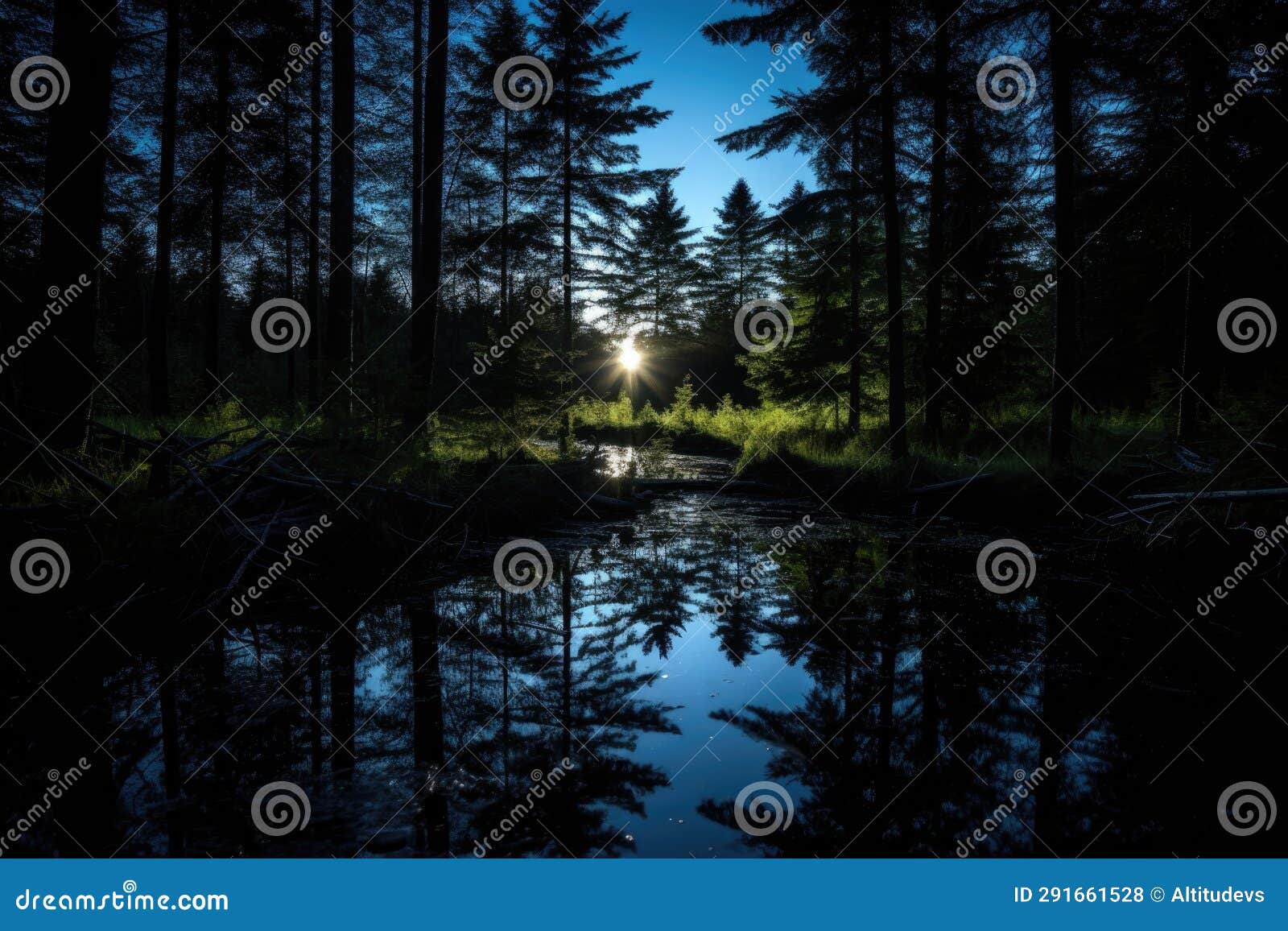 Moonlight Reflecting on a Calm Forest Pond Stock Photo - Image of ...
