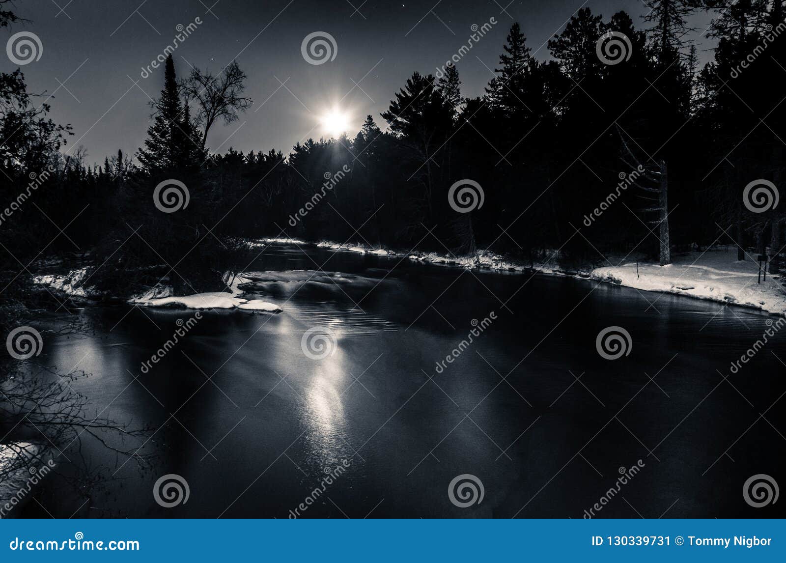 Moonlight Reflection Over Winter River Snow on Banks Stock Image ...