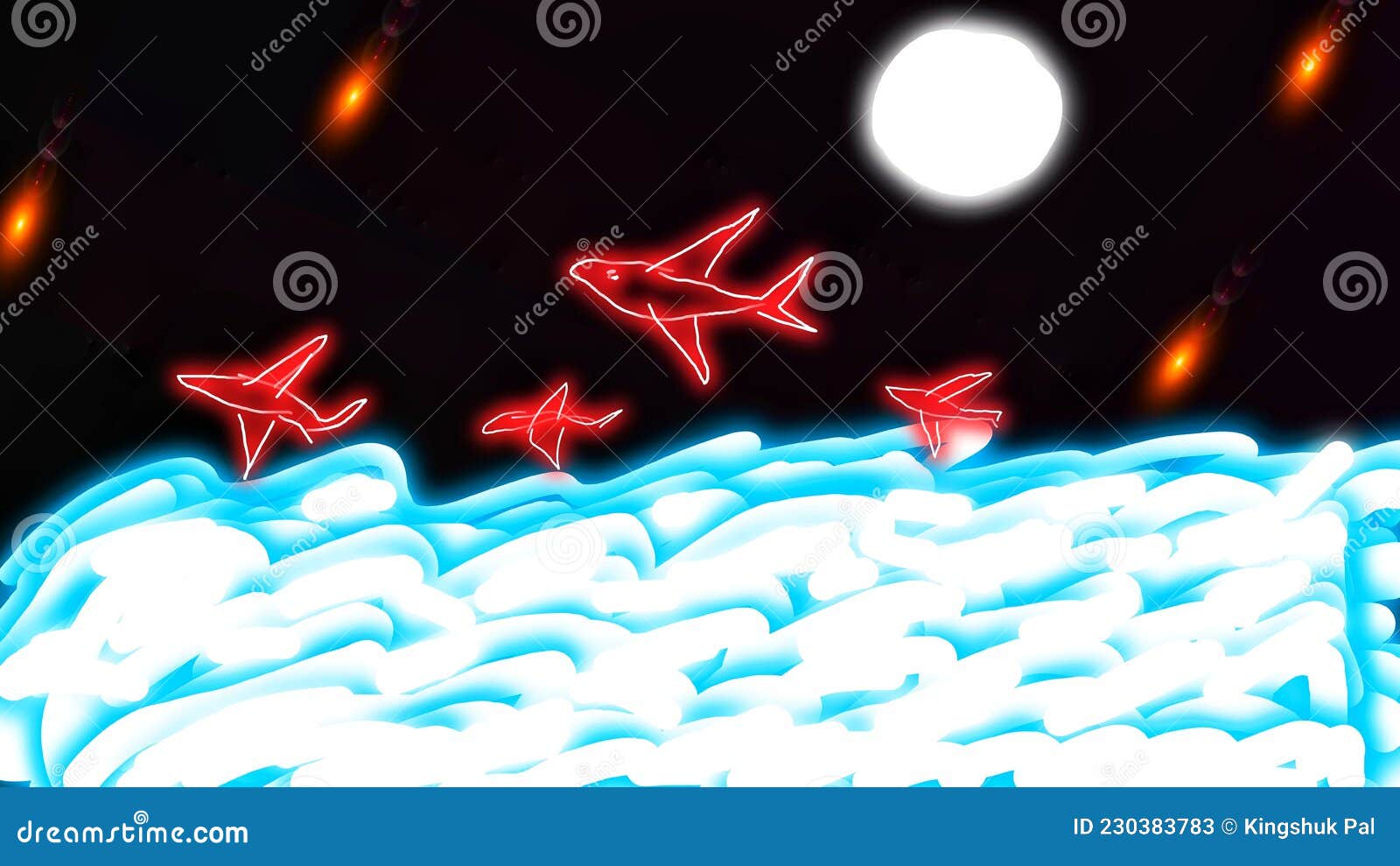 Moonlight Reflection on the Sea Water and Red Fish Jumping. Stock Image ...
