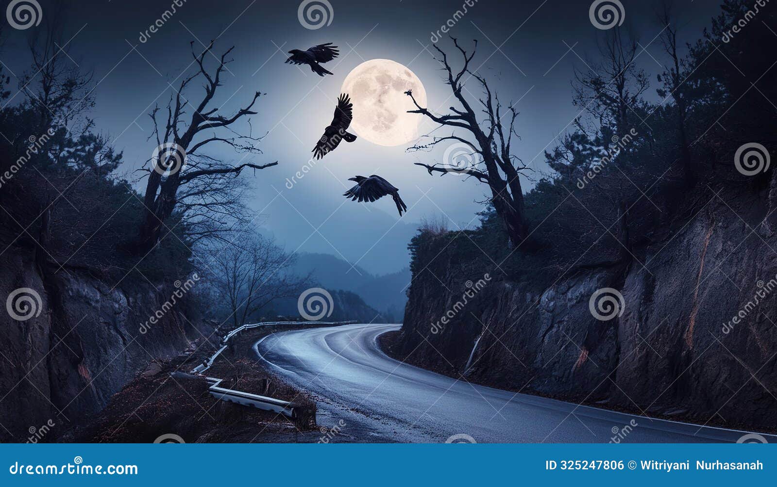 Moonlight Road with Ravens stock illustration. Illustration of full ...