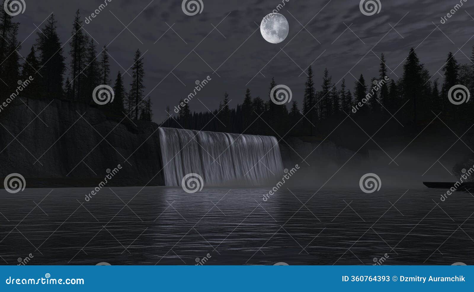 Moonlight Shines on a Waterfall As it Cascades into a Forest Pool at ...