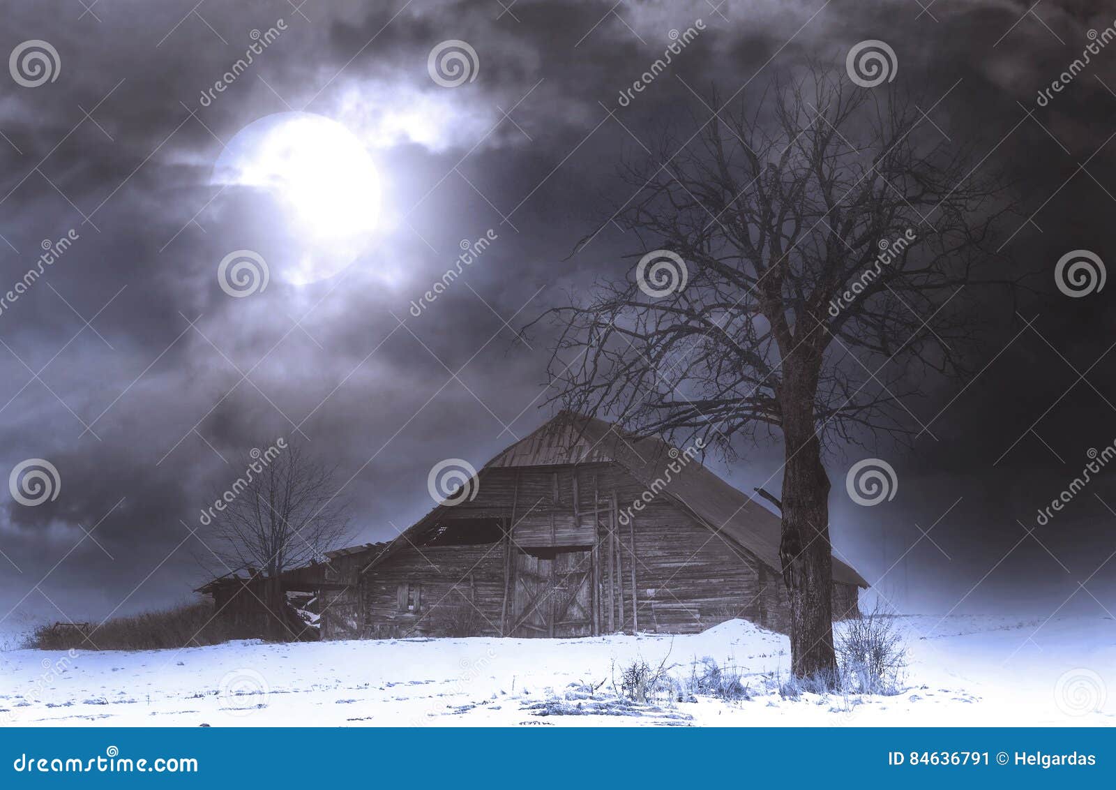 Moonlight and a Spooky Old Barn by the Tree Stock Image - Image of ...
