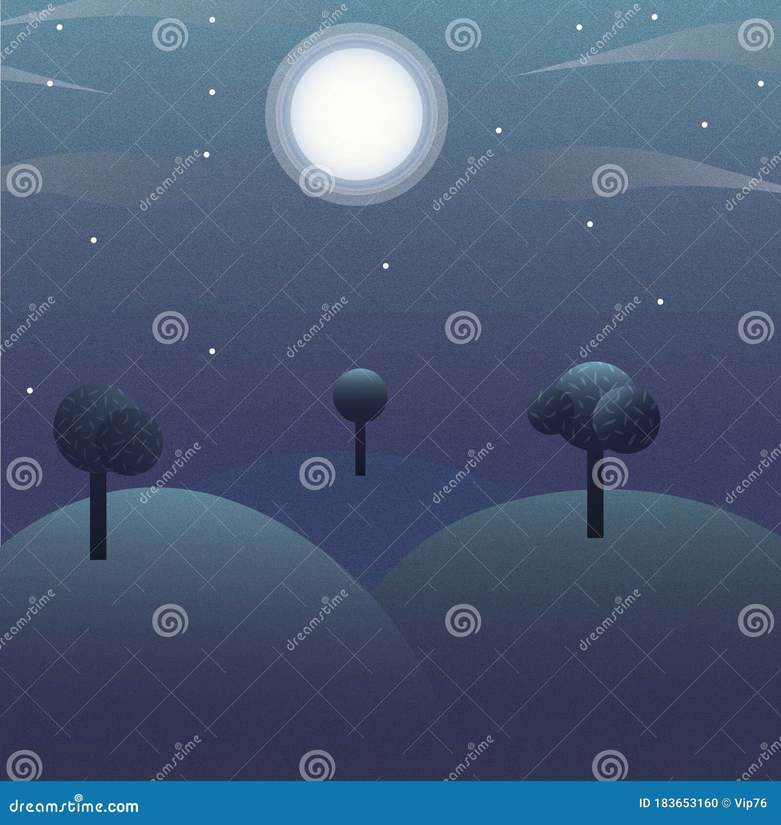 Moonlight and Trees, Landscape Stock Illustration - Illustration of ...
