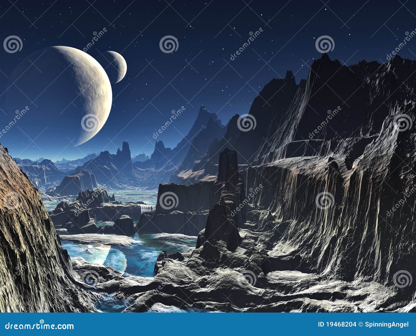 Moonlit Alien Valley Canyon Stock Illustration - Illustration of ...