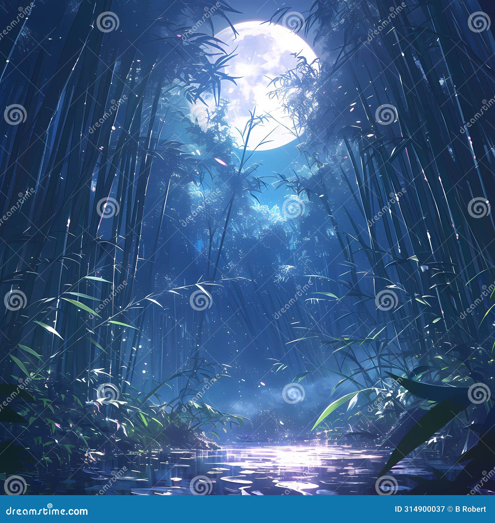 Moonlit Bamboo Forest Nightscape Stock Illustration - Illustration of ...
