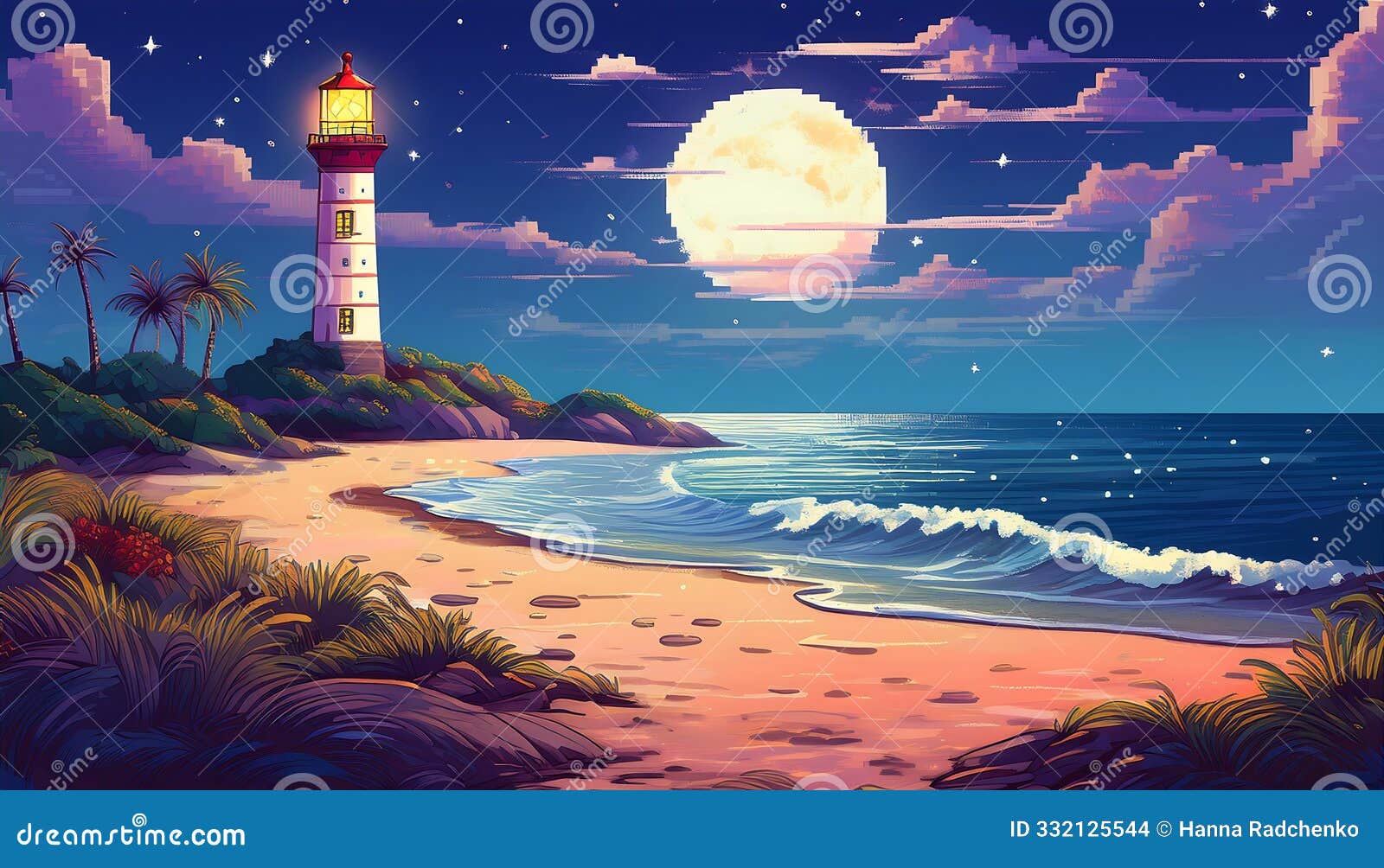 Moonlit Beacon - a Pixel Art Scene Featuring a Lone Lighthouse on a Moonlit Beach. Graphic Art ...