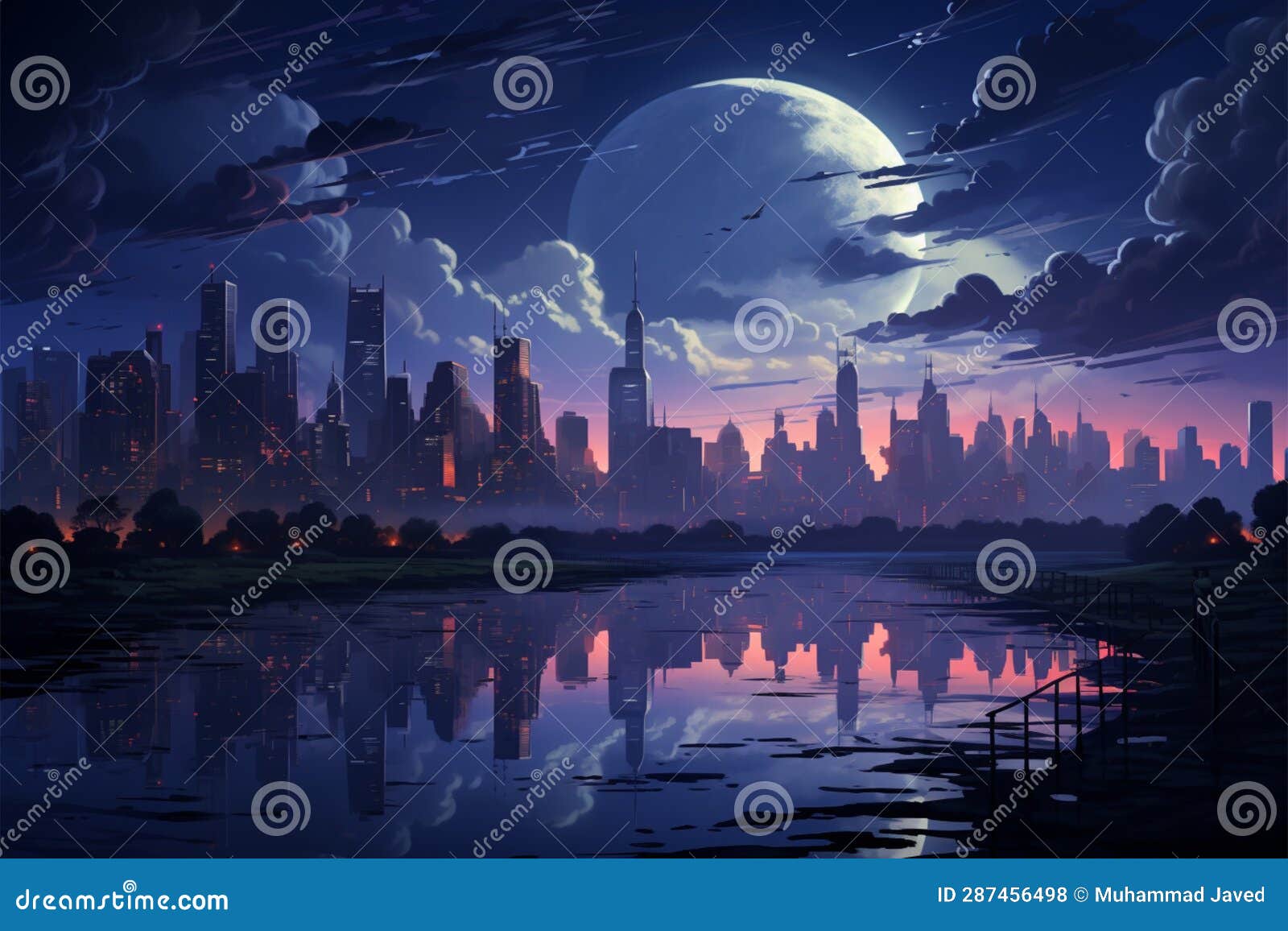 Moonlit Cityscape Vector Illustration Features Full Moons Glow on Urban ...