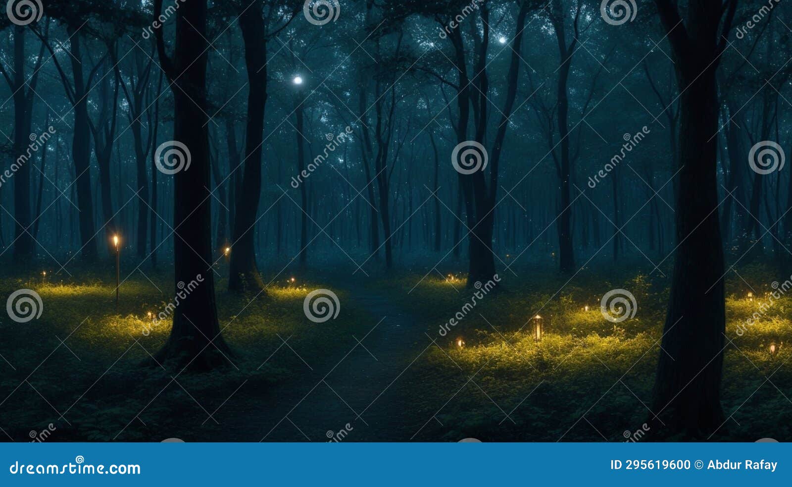 A Moonlit Forest with Fireflies Dancing Around the Trees Stock ...