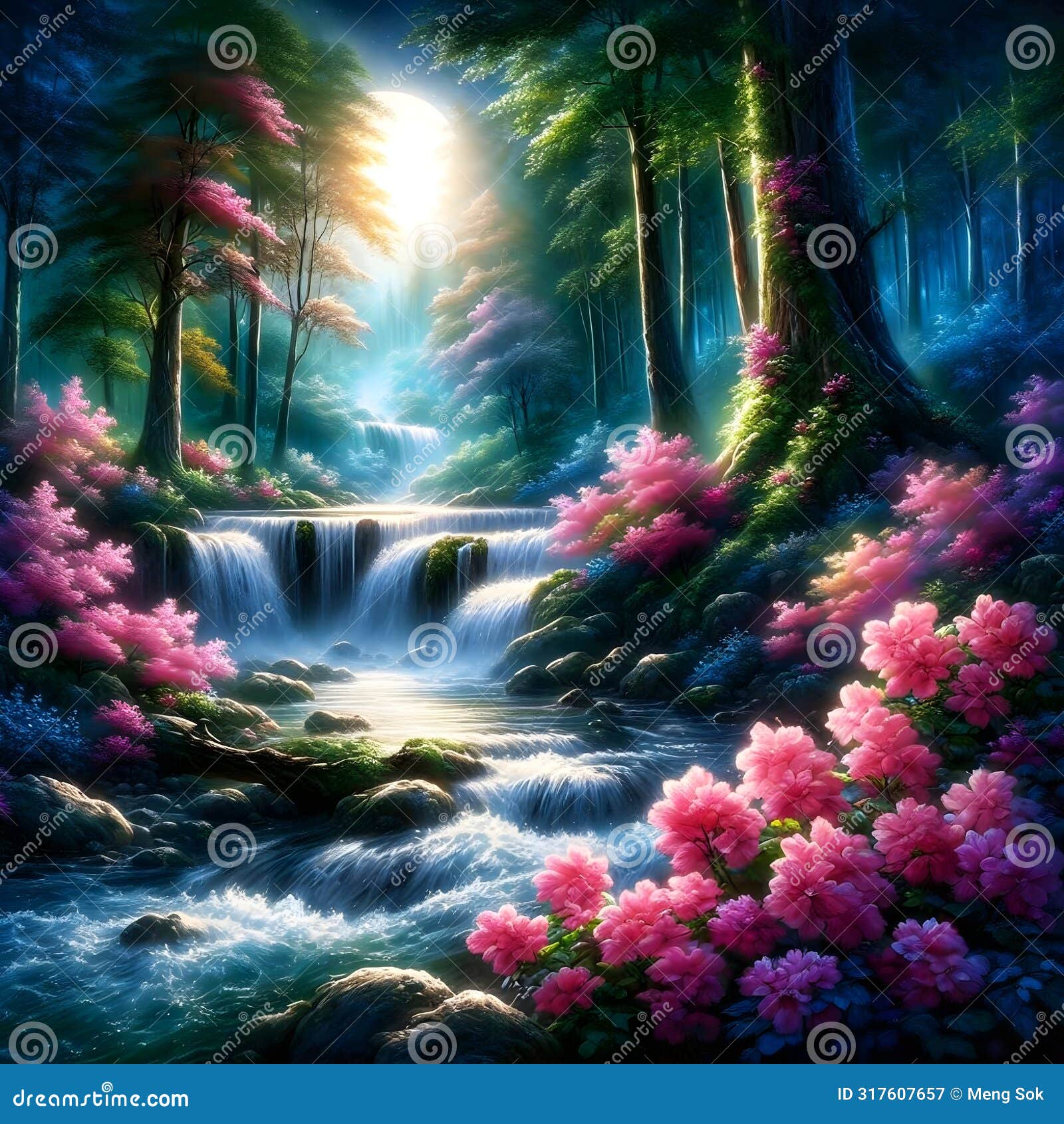 A Moonlit Forest Scene with a Cascading Waterfall. Stock Image - Image ...