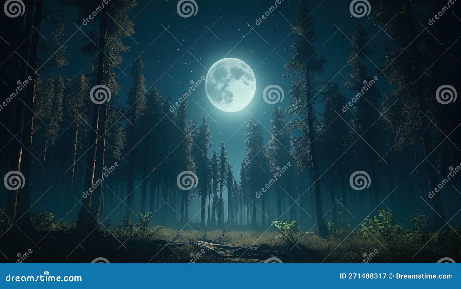Moonlit Forest with Tall Trees Digital Art Illustration, Generative AI ...