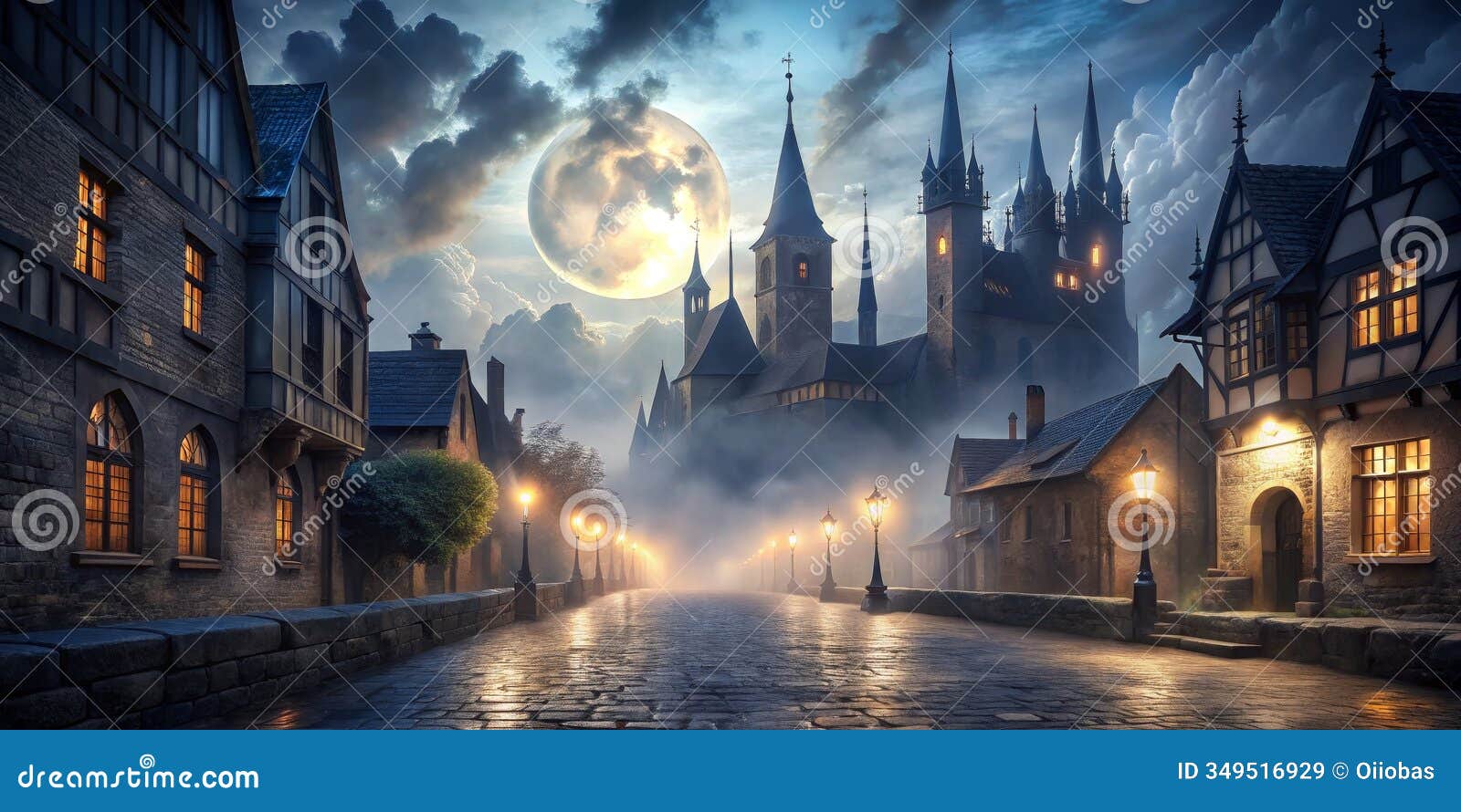 Moonlit Gothic Town Cobblestone Street, Night Scene Stock Illustration ...