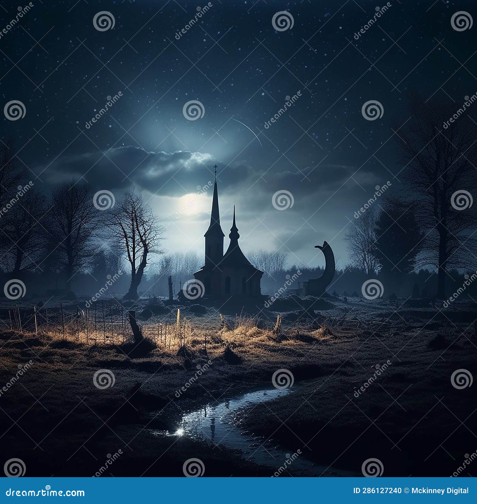 Moonlit Graveyard Scene with Gravestones. Stock Illustration ...