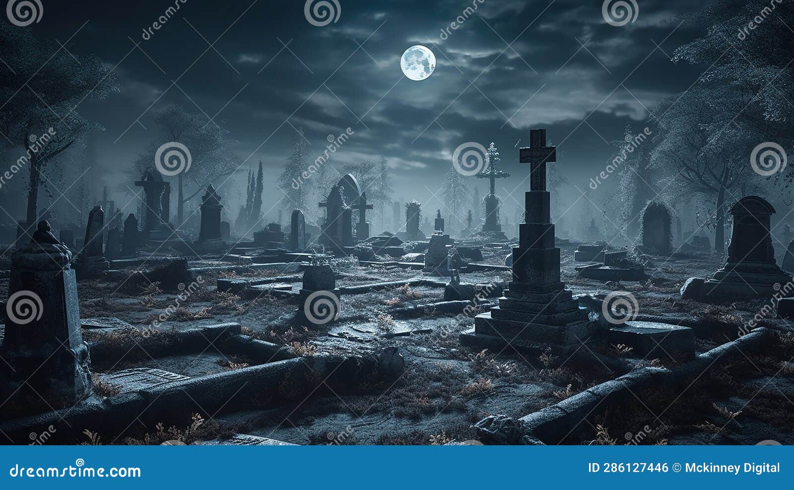 Moonlit Graveyard Scene with Gravestones. Stock Illustration ...