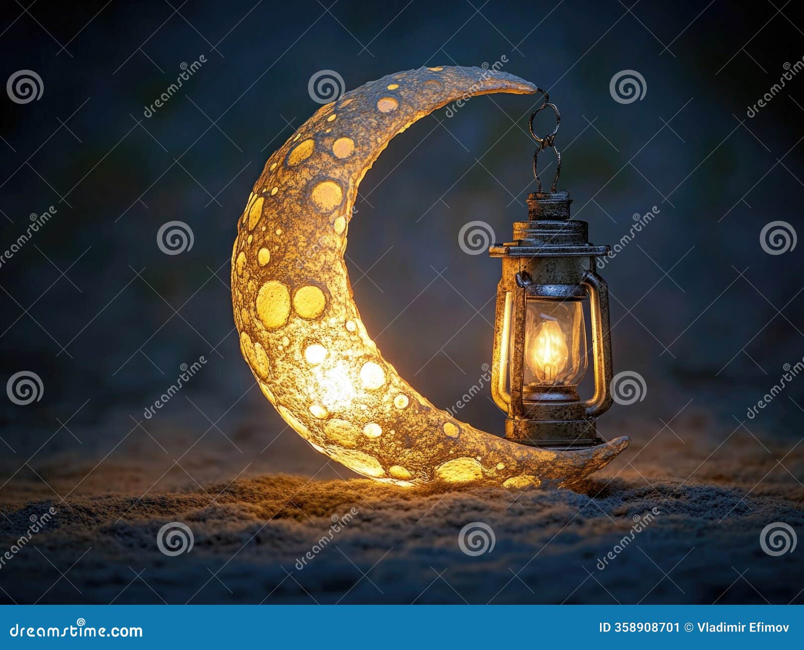 Moonlit Lantern on Sand stock image. Image of generated - 358908701