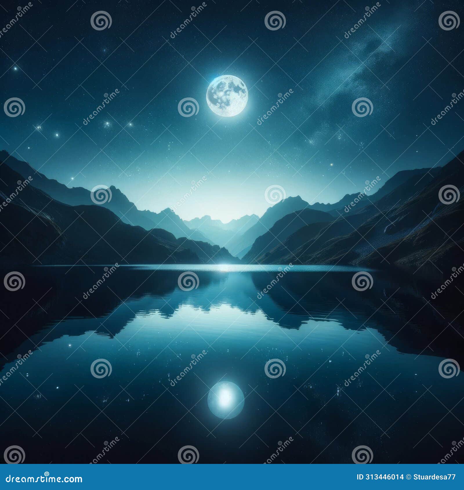 Moonlit Mountains and Reflection Stock Photo - Image of beauty, calm ...