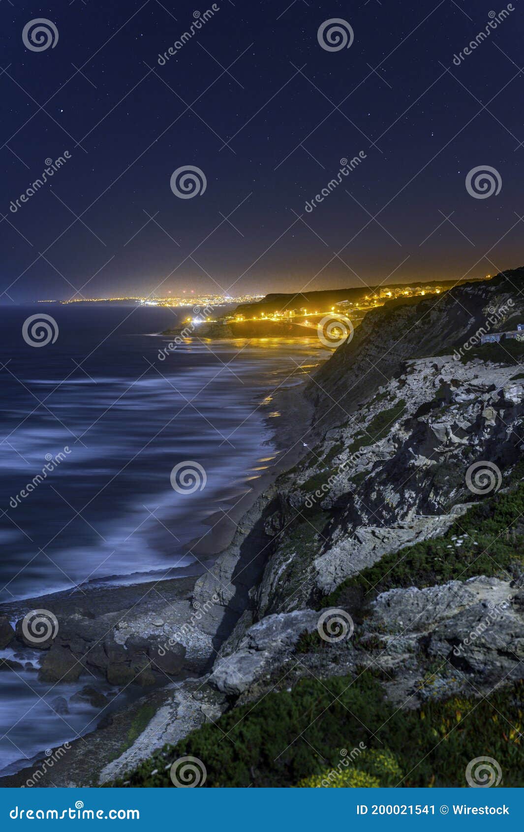 Night View of the Coast, with Backlights and Moonlit Cliffs Stock Image ...