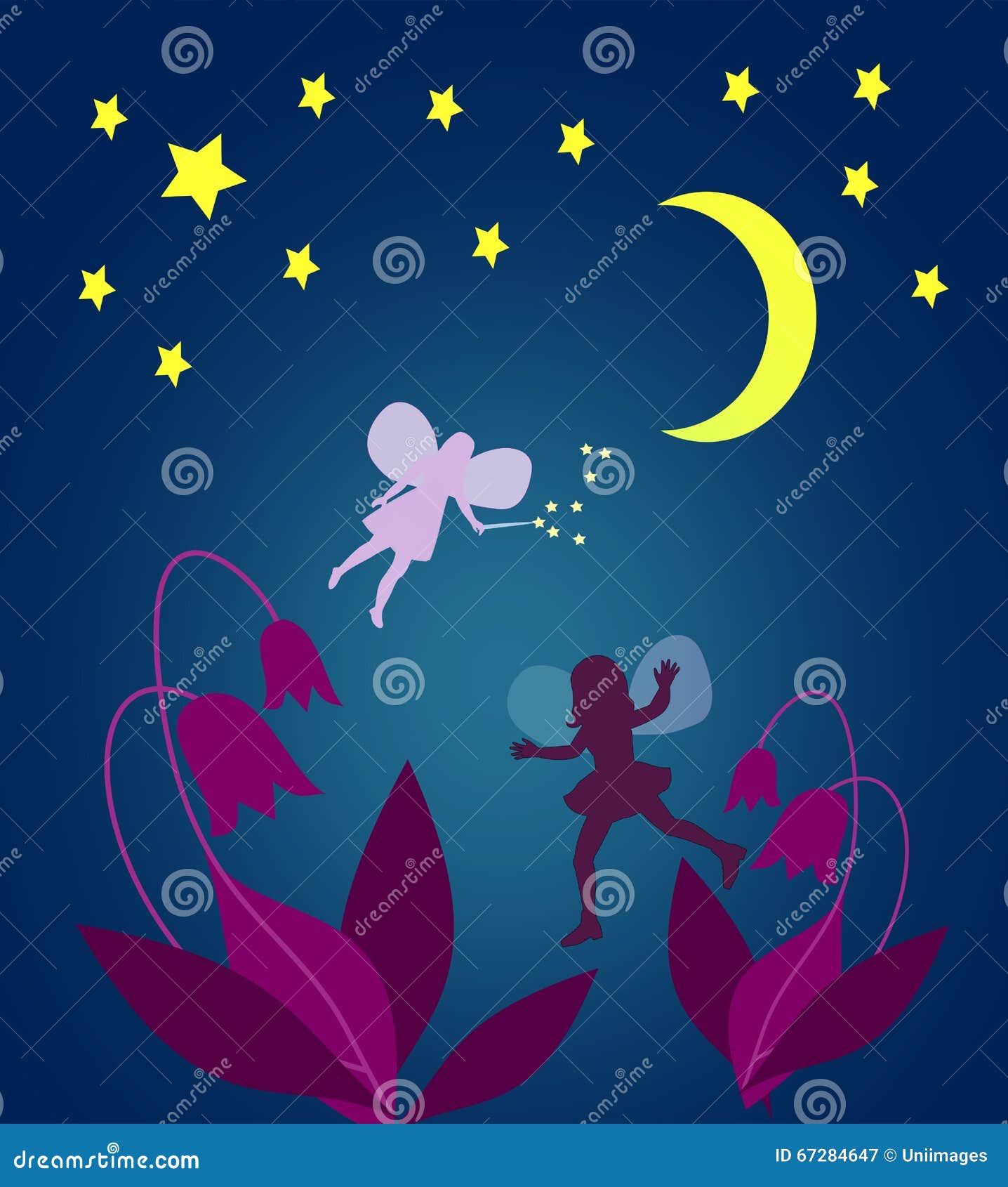 Moonlit Night with Fairies stock illustration. Illustration of dusk ...