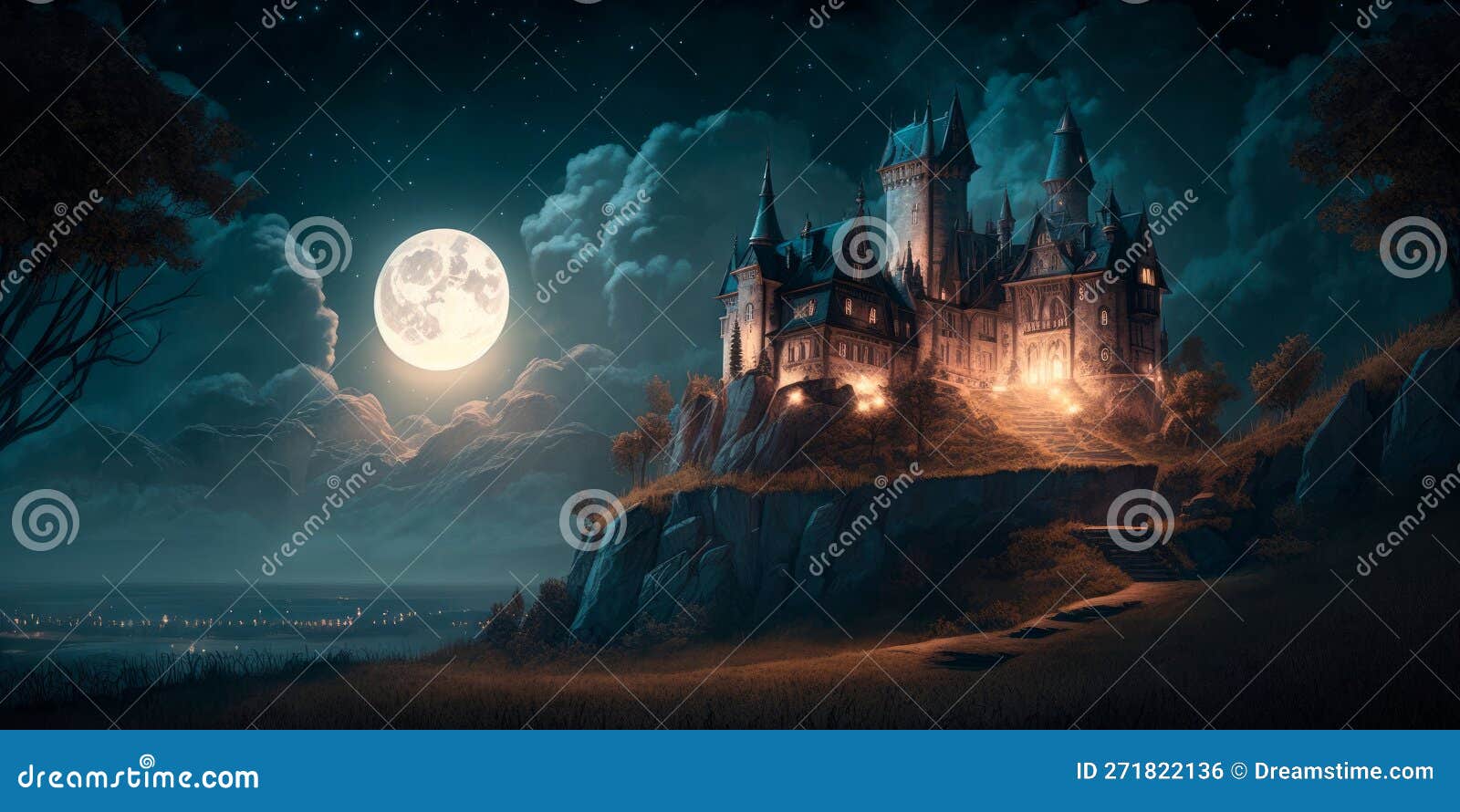 Moonlit Night with a Mysterious Castle in the Distance Generative AI ...