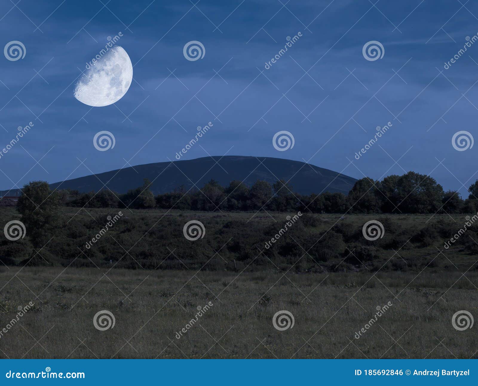 Moonlit Night Over Hilly Landscape Stock Photo - Image of hill ...