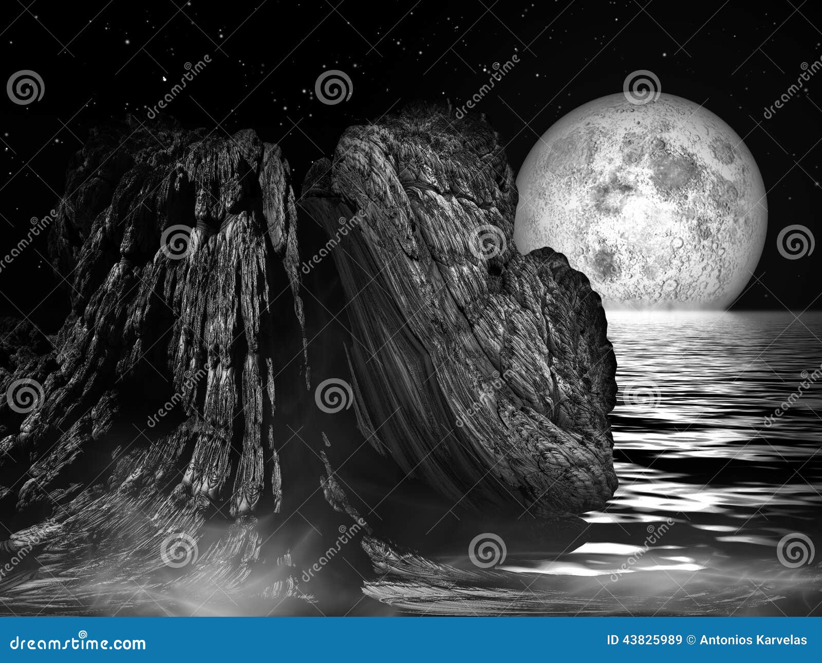 Moonlit Night - Sea Rock Landscape Stock Illustration - Illustration of ...