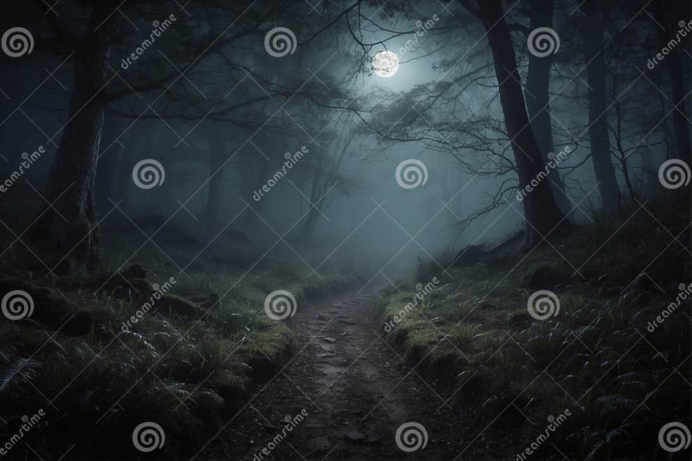 Moonlit Path through a Dark Forest Stock Illustration - Illustration of ...