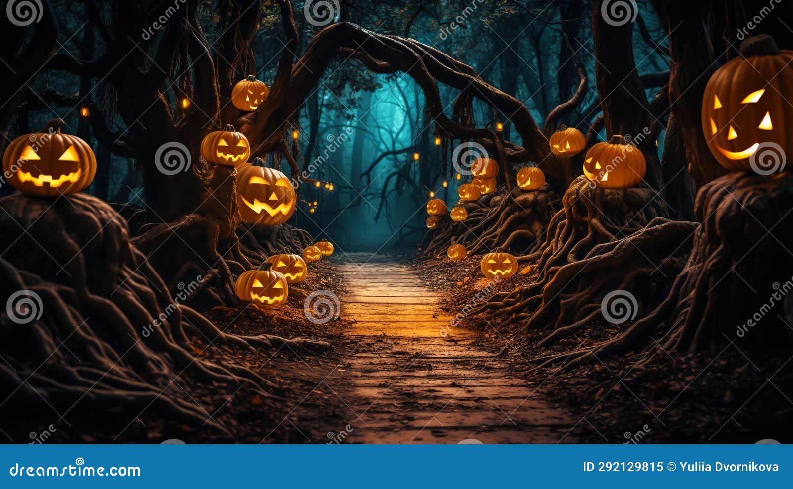 Moonlit Path in the Forest with Pumpkins on the Sides, Mist Over Ground ...