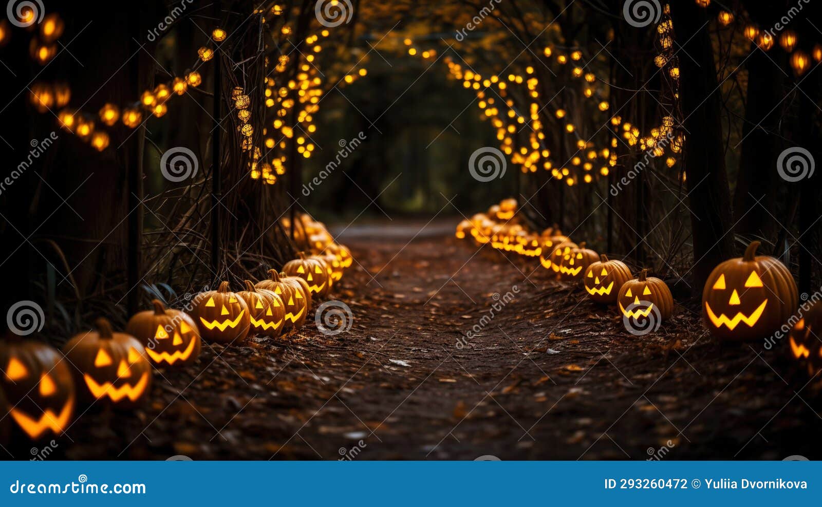 Moonlit Path in the Forest with Pumpkins on the Sides, Mist Over Ground ...