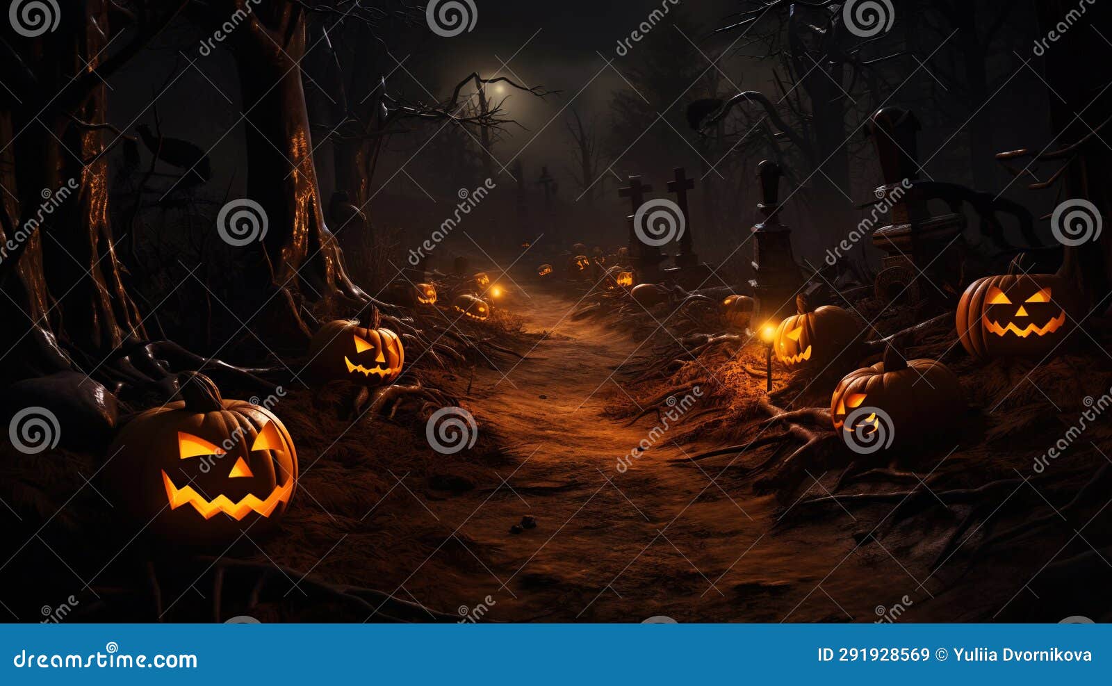 Moonlit Path in the Forest with Pumpkins on the Sides, Mist Over Ground ...