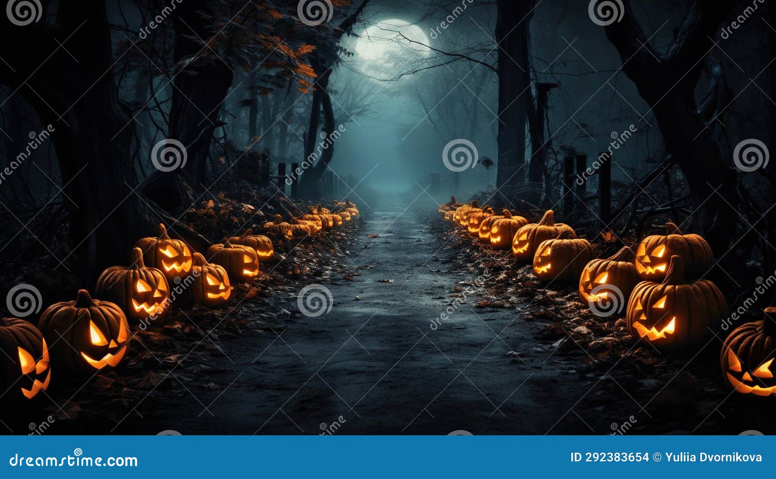 Moonlit Path in the Forest with Pumpkins on the Sides, Mist Over Ground ...