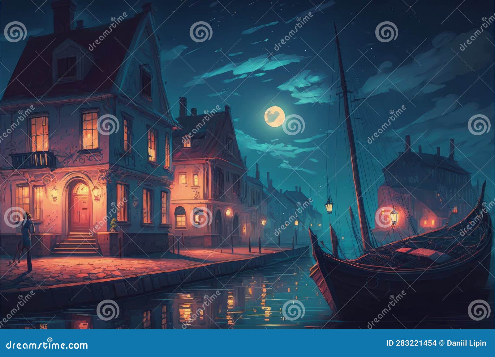 Moonlit Port City Viewed during the Nighttime Stock Illustration ...