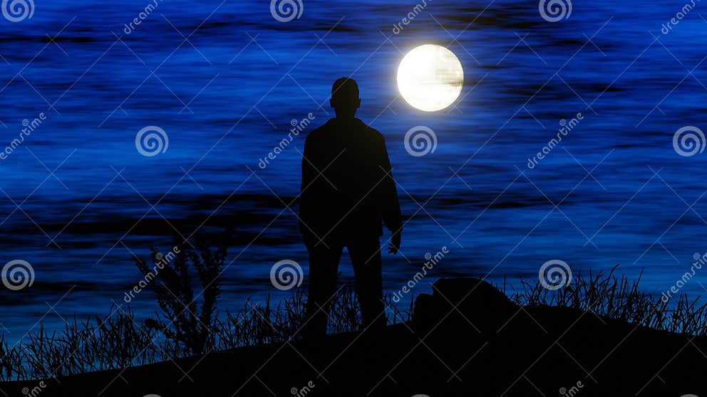 Moonlit Reflection: a Man Standing in the Night Stock Photo - Image of ...