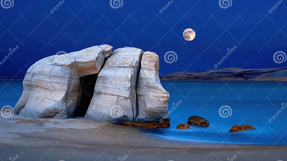 Moonlit Rock Formations at the Beach Under a Clear Night Sky Stock ...