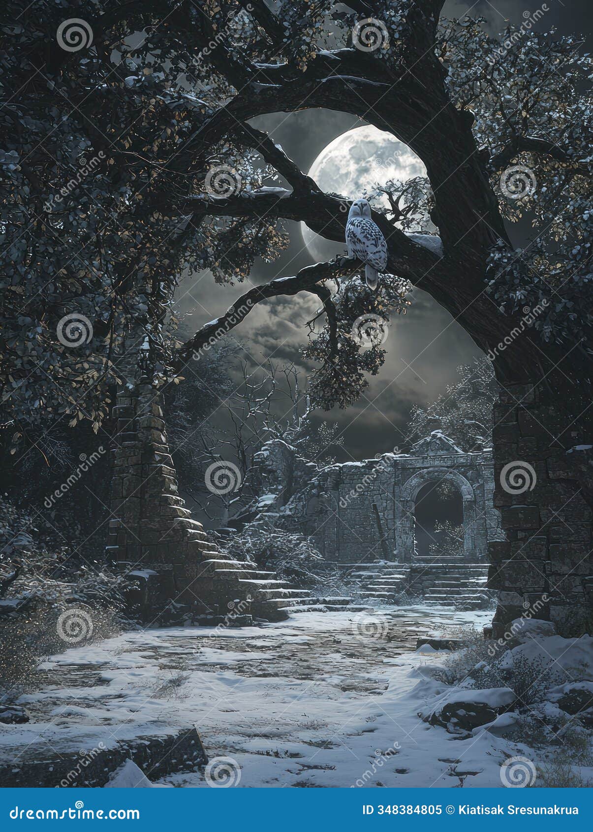 Moonlit Ruins, Ancient Structure, Tree, Snowy Path. Stock Illustration ...
