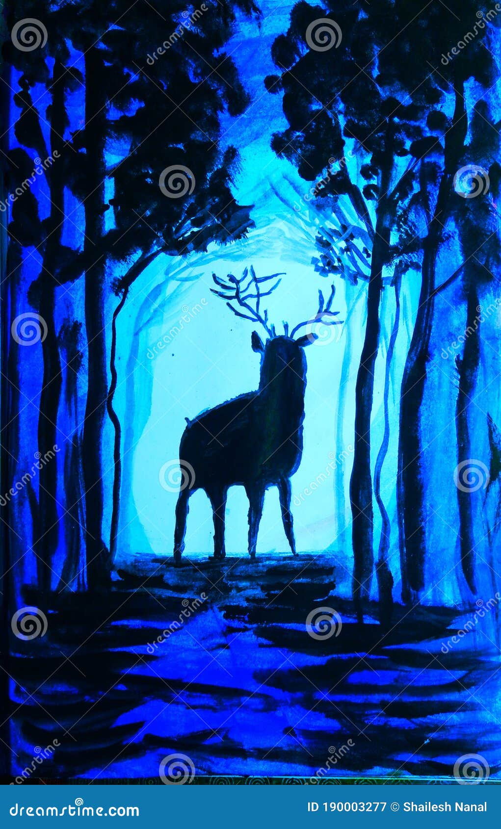 Moonlit Scene of a Dear in a Deep Forest Stock Image - Image of moonlit ...