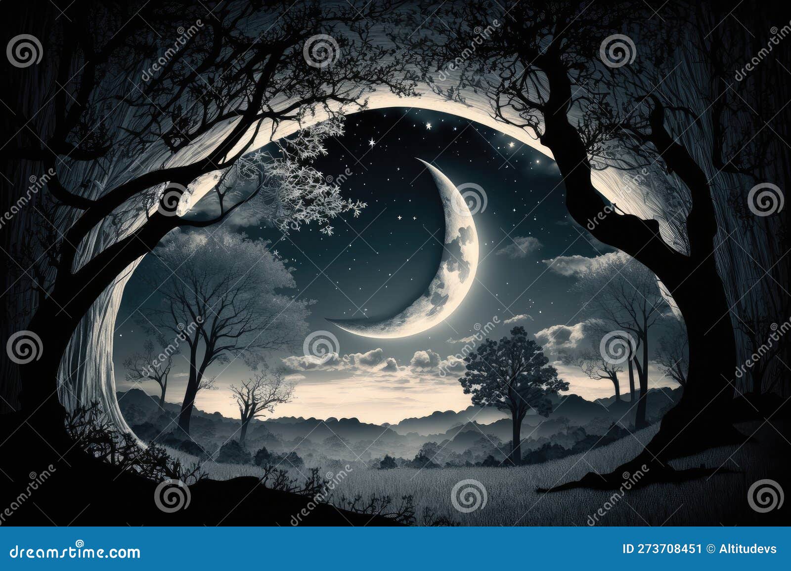 Moonlit Scene with Mystical Trees and Crescent Moon in the Sky Stock ...