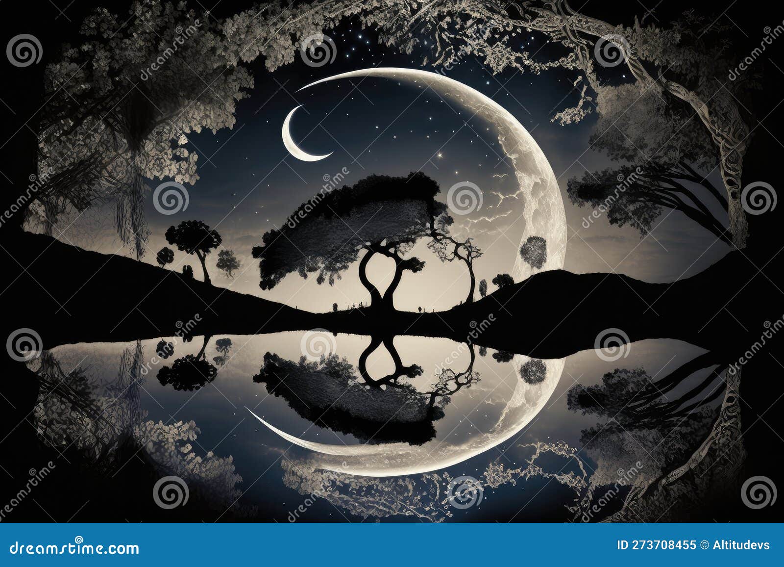 Moonlit Scene with Mystical Trees and Crescent Moon in the Sky Stock ...