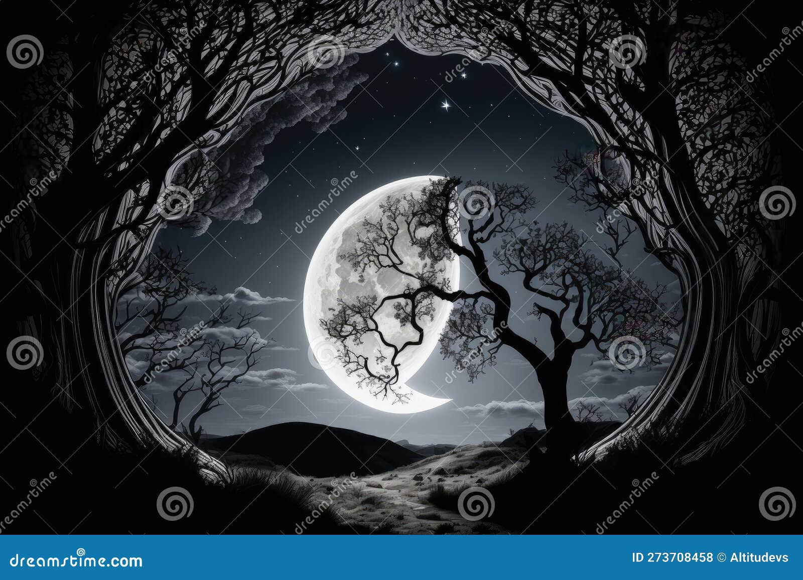 Moonlit Scene with Mystical Trees and Crescent Moon in the Sky Stock ...