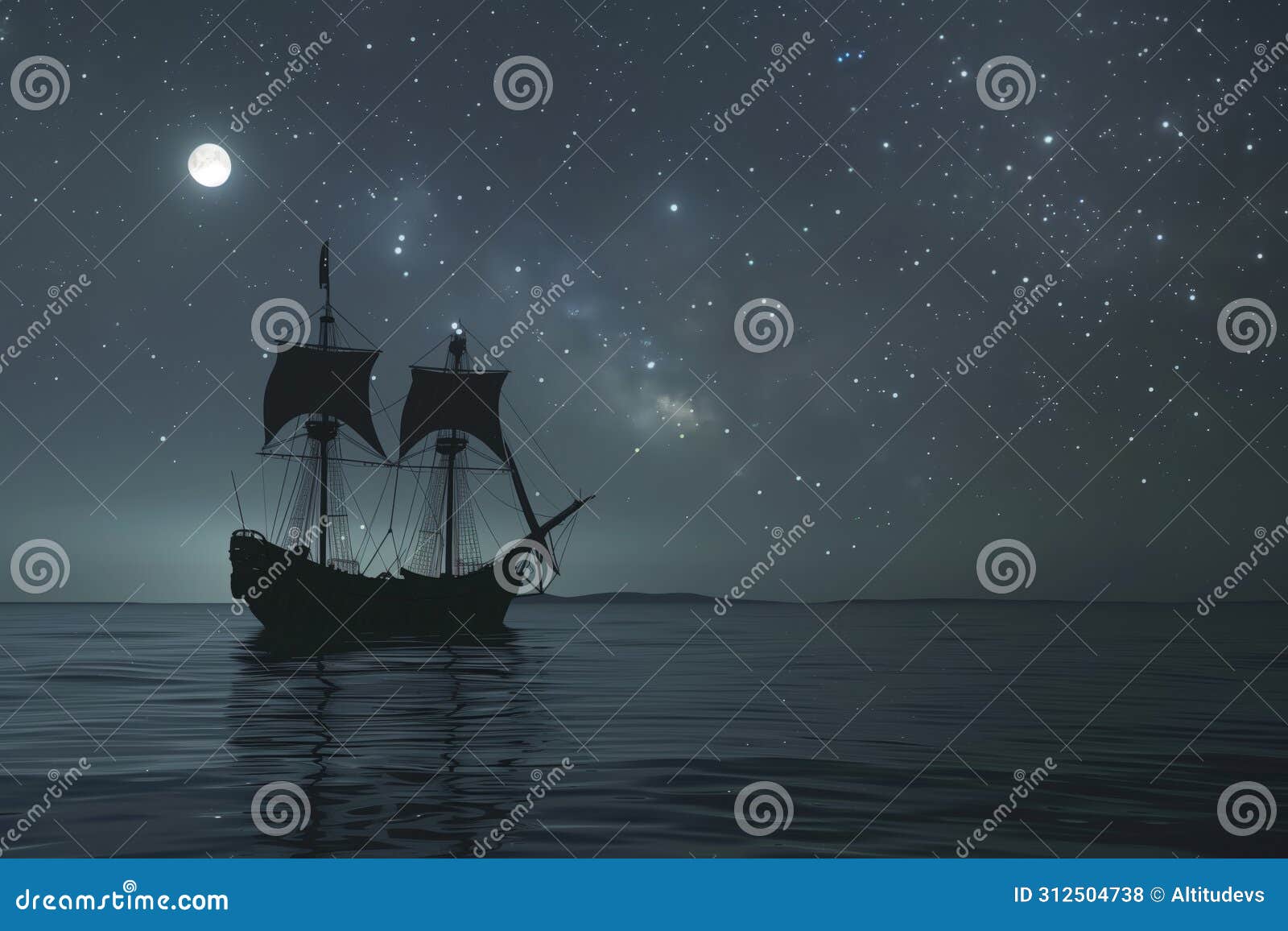 Moonlit Ship Sailing Under Starry Sky on Calm Sea Stock Photo - Image ...