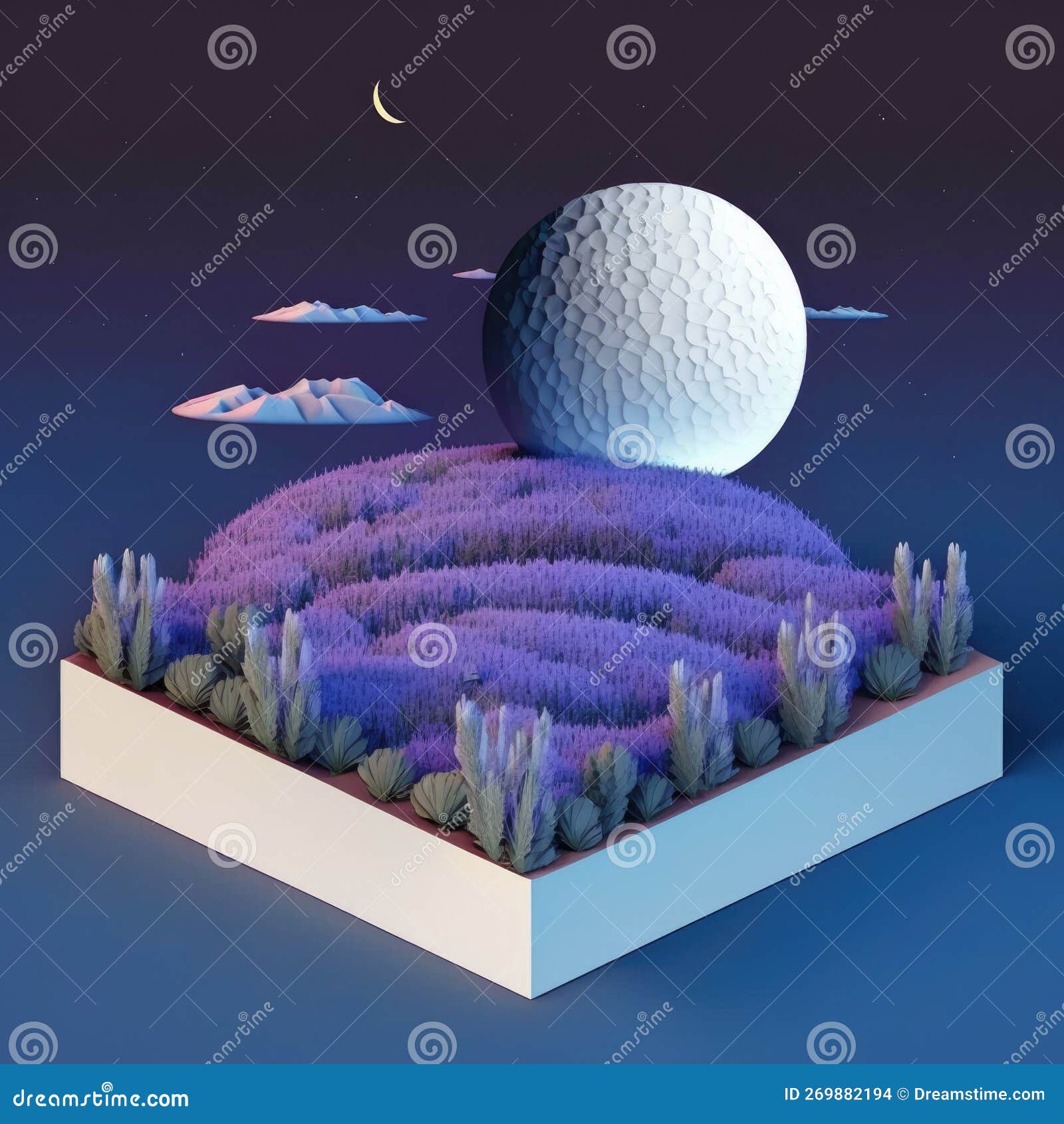 Moonlit Sky Over a Field of Lavender, Isometric Low Poly View AI ...
